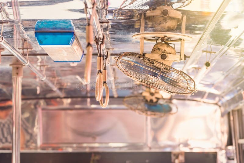 .Ceiling Fan on the Bus.Blue Ceiling Fan.Bangkok, Thailand Stock Photo ...