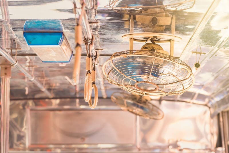 .Ceiling Fan on the Bus.Blue Ceiling Fan.Bangkok, Thailand Stock Photo ...