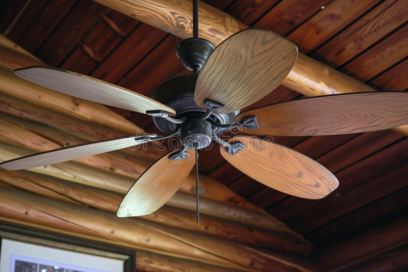 Ceiling Fan with Wooden Blades in a Rustic Cabin Stock Image - Image of ...