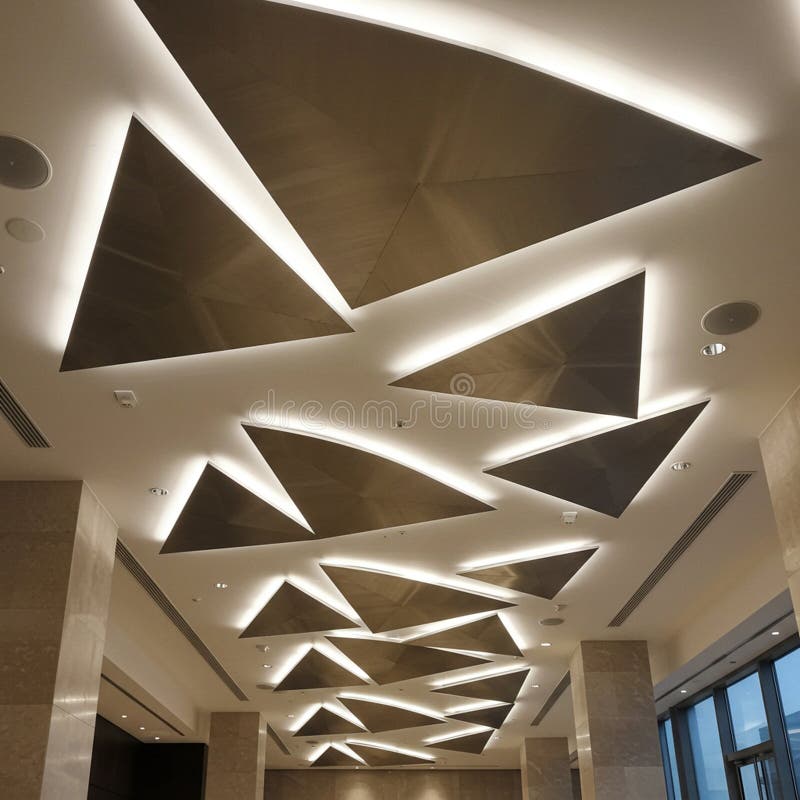 Ceiling with Geometric Triangular Designs Featuring Recessed Lighting ...