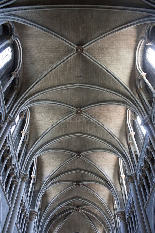 Stone Arched Ceiling of a Gothic Cathedral, Lausanne, Switzerland Stock ...