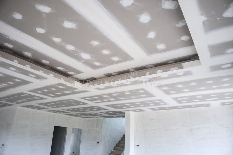 Ceiling Gypsum Board Installation at Construction Site Stock Image ...