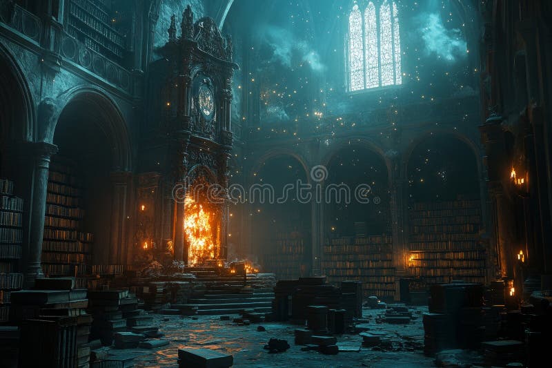 The Ceiling of a Huge, Dimly Lit Fantasy Library Transforms into a ...