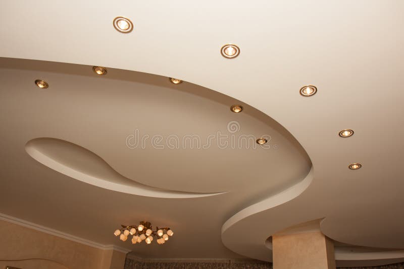 Layered Ceiling with Embedded Lights and Stretched Ceiling Inlay Stock ...