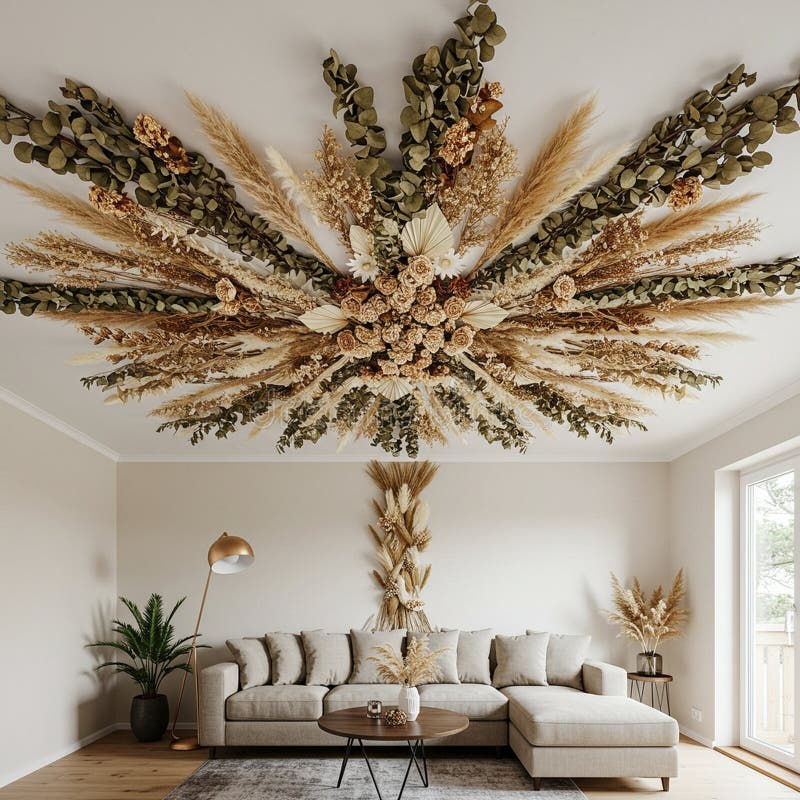 Ceiling Installation Features an Intricate Arrangement of Dried Plants Including Pampas Grass ...