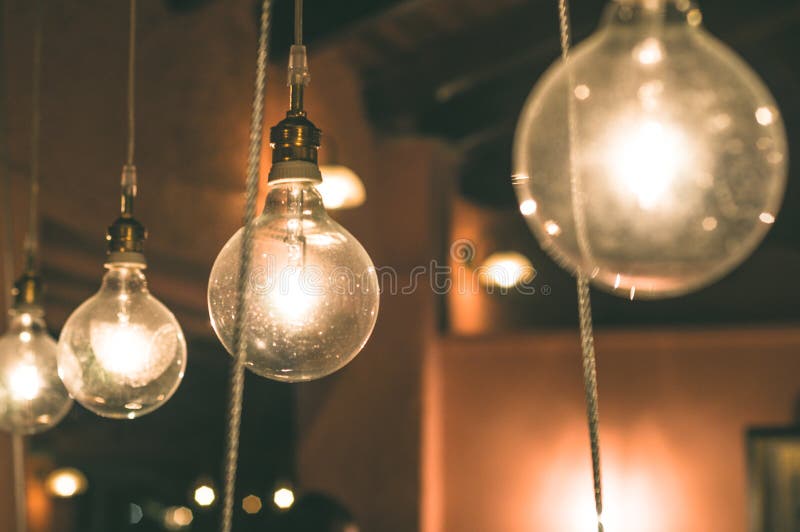 Ceiling Lamps at the Bar. Light Bulbs. Stock Photo - Image of gold ...