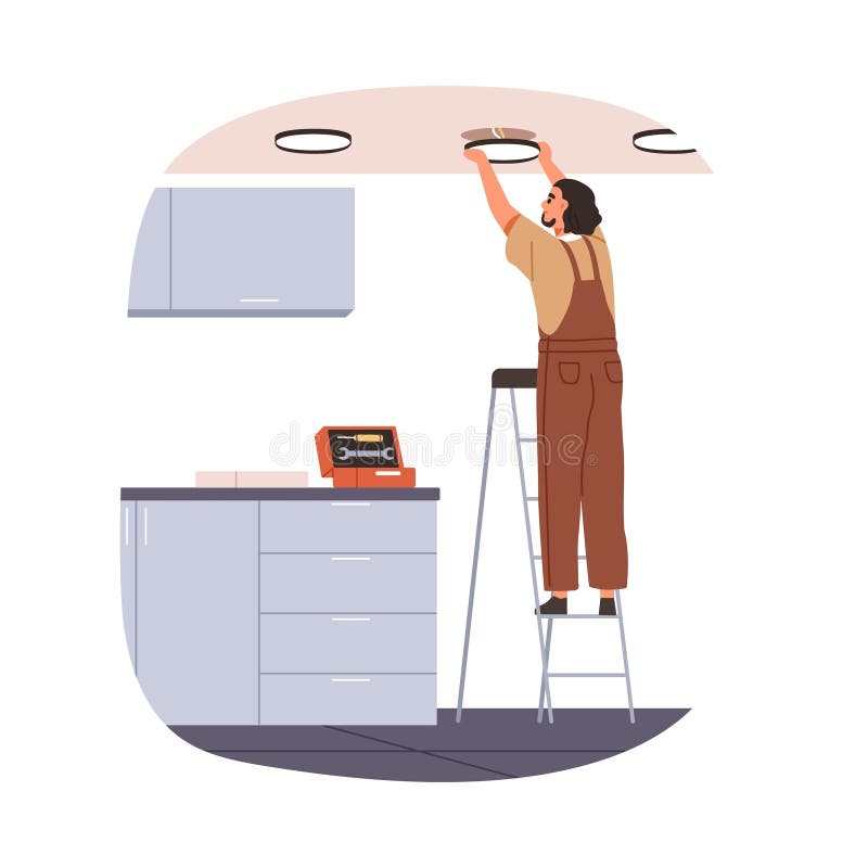 Ceiling Light Installation. Electrician Installing, Adjusting ...