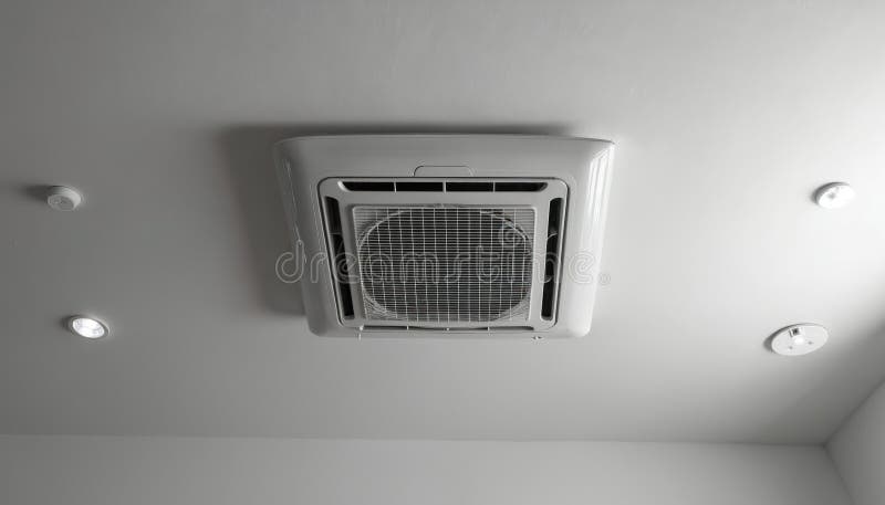 Ceiling Mounted Cassette Air Conditioner and Recessed Lights on White ...