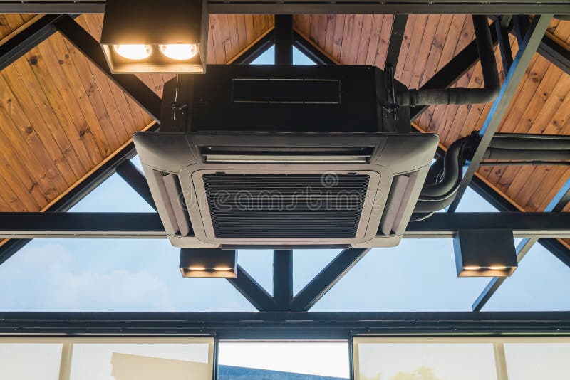 Ceiling Mounted Cassette Type Air Conditioner in the Cafes. Ceiling Air ...