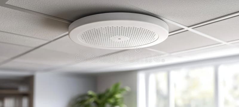 Ceiling Mounted Circular Smoke Detector in Textured Office Ceiling with ...