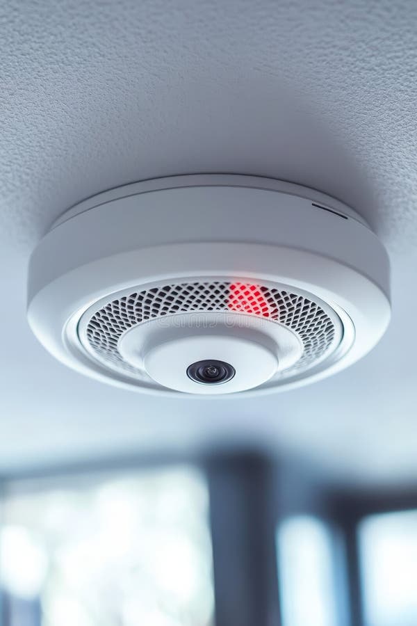 Ceiling-Mounted Smoke Detector Activated with Red Alert Light in Modern ...