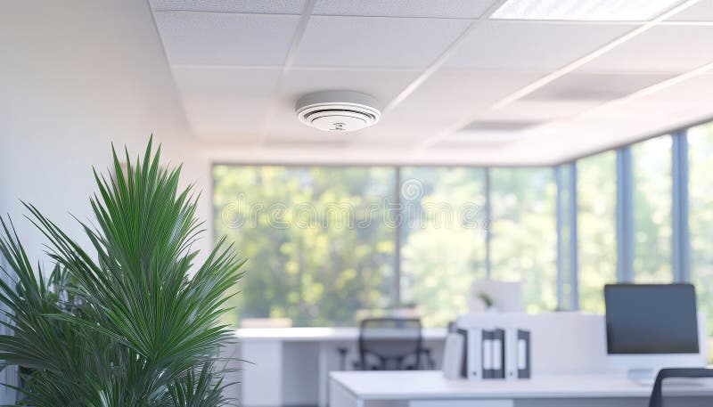 Ceiling Mounted Smoke Detector in a Bright, Modern Office Space Safety ...