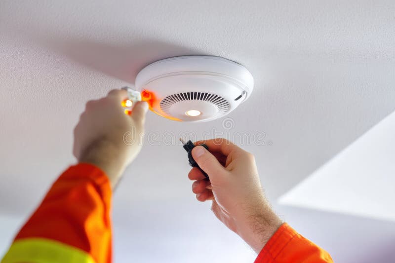 Smoke Detector on a Ceiling with Blue and Red Lighting Indicating ...