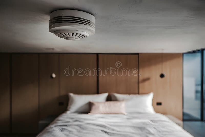 Ceiling Mounted Smoke Detector in Modern Room with White Bedding ... Ceiling Mounted Smoke Detector in Modern Room with White Bedding ...