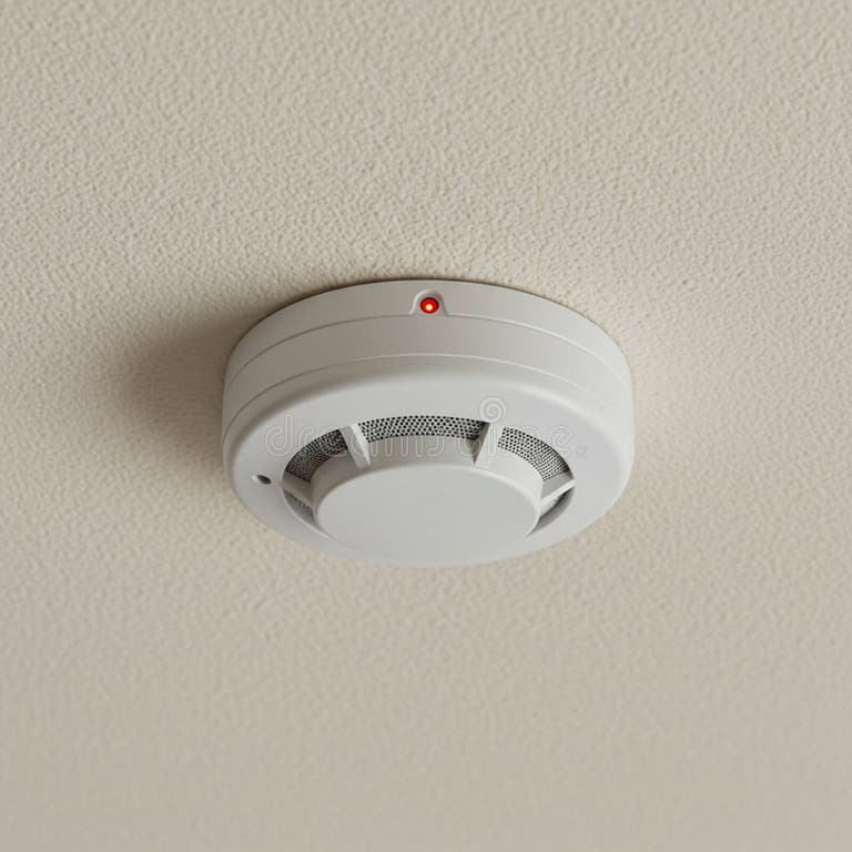 Ceiling-mounted Smoke Detector with a Round, White Plastic Casing. the ...