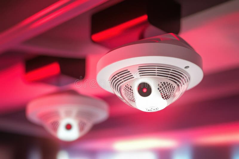 Ceiling Mounted Smoke Detectors with Red Indicator Lights in a Modern ...