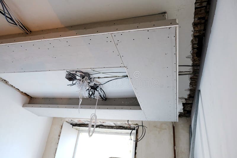 The Ceiling of Plasterboard Stock Image - Image of installing, service ...