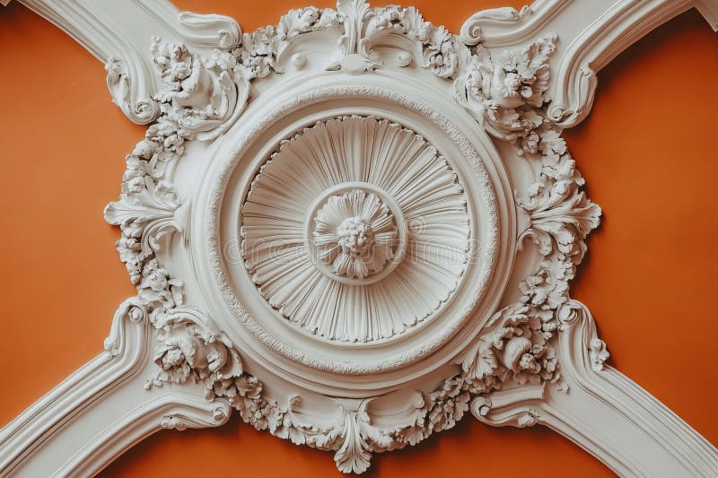A Ceiling with a White Gypsum Bas-relief Design in the Style of Classic ...