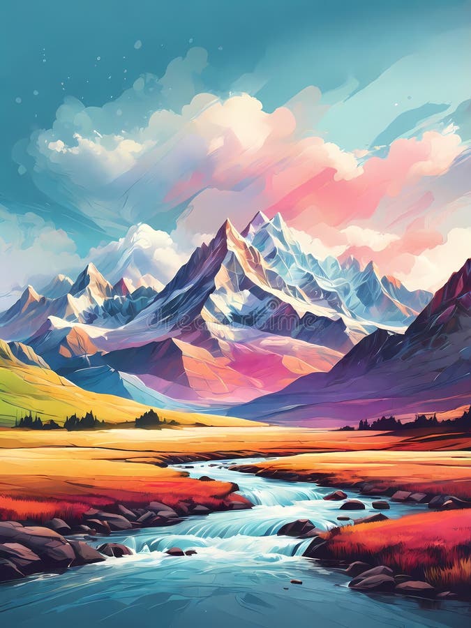 Cel Shading Pastel Color Mid-long Shot of Beautiful Mountain Landscape ...