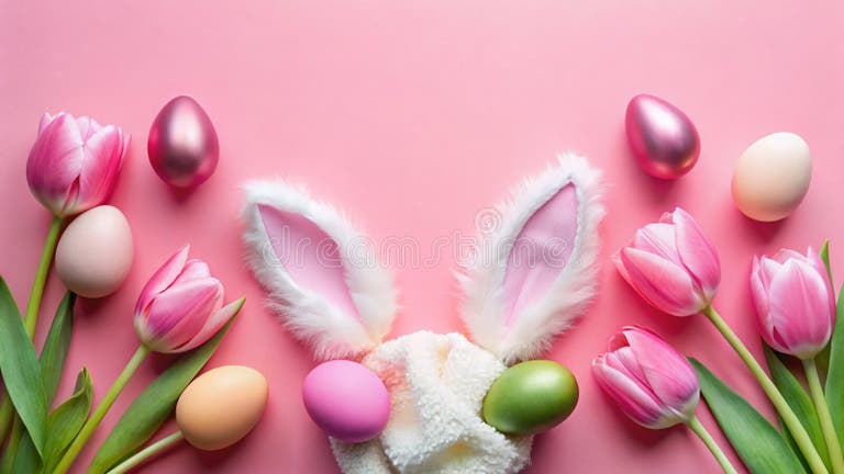 Delightful Easter Spring Flatlay Pink Tulips Easter Eggs and Bunny Ears on a Pastel Pink ...