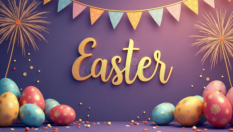 Festive Happy Easter Night Scene with Colorful Decorated Eggs, Banner, Fireworks, and Confetti ...