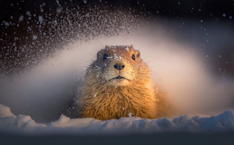 Cute Smiling Groundhog Crawling Out of Hole in Snowy Groundhog Day ...