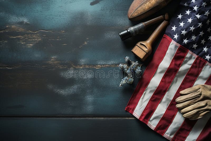 American Flag with Welding Gloves on Dark Wooden Background. Labor Day ...