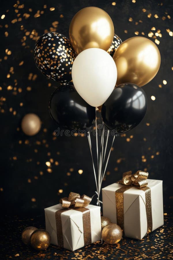 Celebrate Special Event with Gift Boxes and Balloons on Golden ...