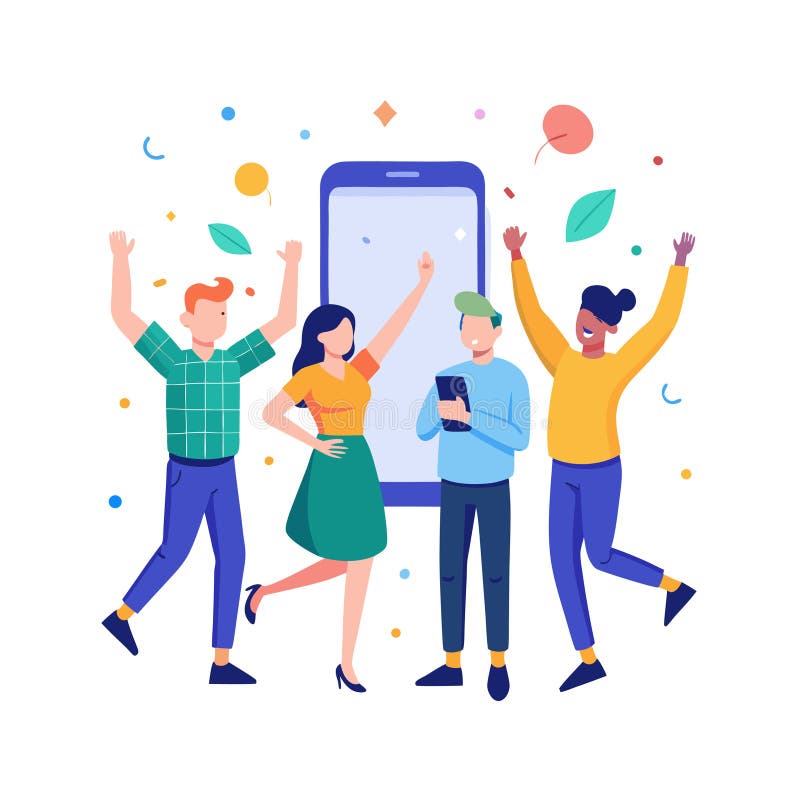 Celebrating App Launch: Diverse Group Cheering by Mobile Phone ...