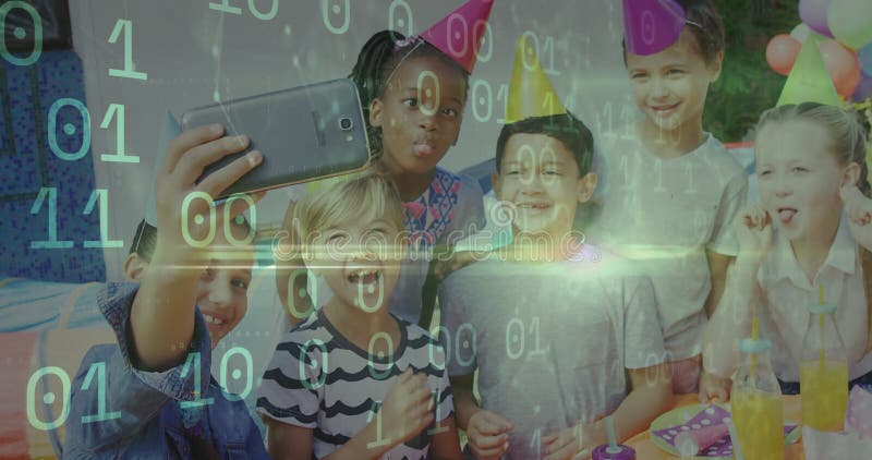Celebrating Birthday, Children with Digital Binary Code Animation Overlay in School Stock ...