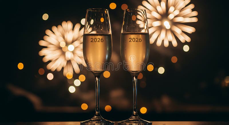 Celebrating 2026 with Champagne Flutes and Sparkling Fireworks ...
