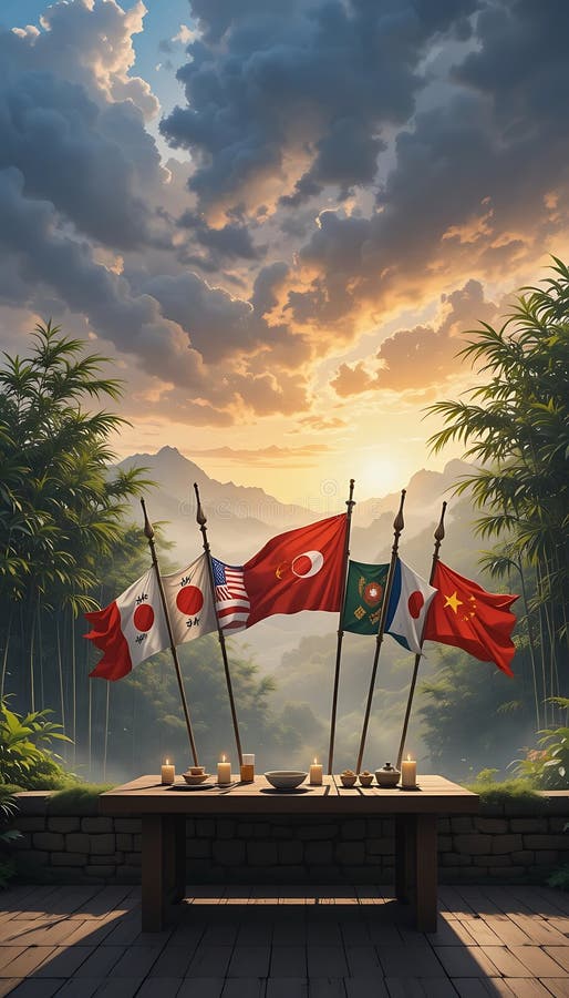 Celebrating Global Unity Flags on Table Against Mountains and Sunset ...