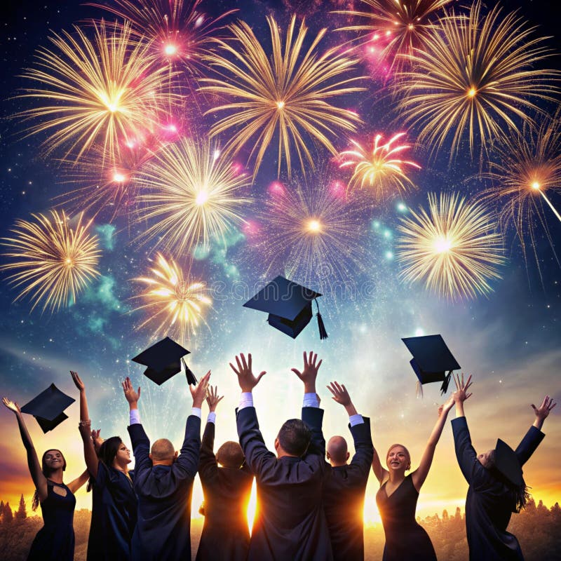 Celebrating Graduation with Fireworks Stock Photo - Image of community ...