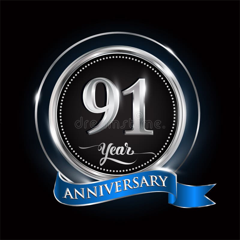 Celebrating 91st Years Anniversary Logo. with Silver Ring and Blue ...