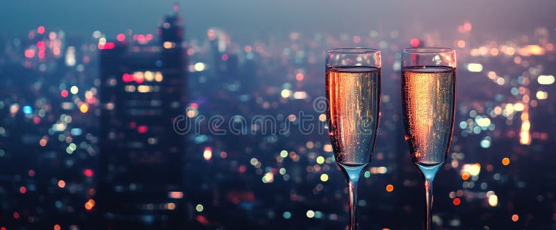 Celebrating Sunset with Sparkling Champagne Glasses in a Festive ...