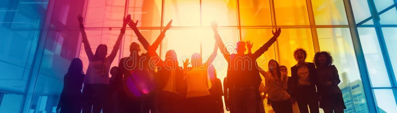 Celebrating Teamwork and Diversity, Happy Employees Raise Their Hands ...