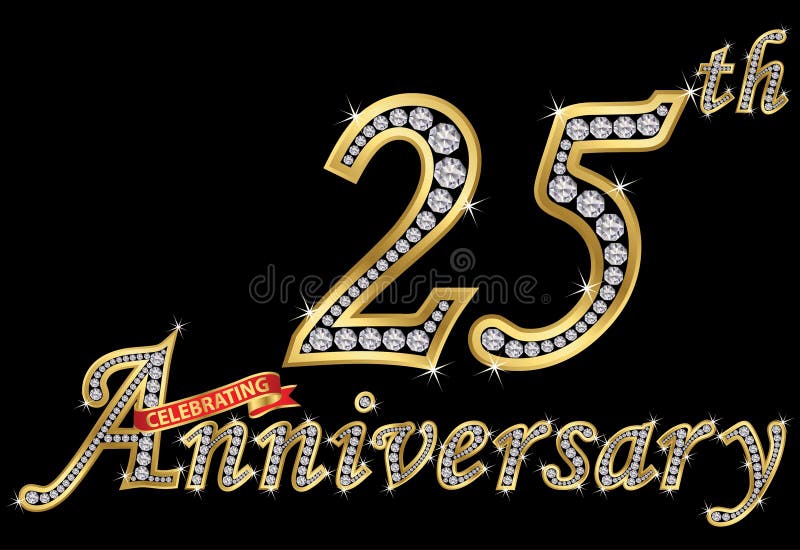 Celebrating 25th Anniversary Golden Sign with Diamonds, Vector Stock ...