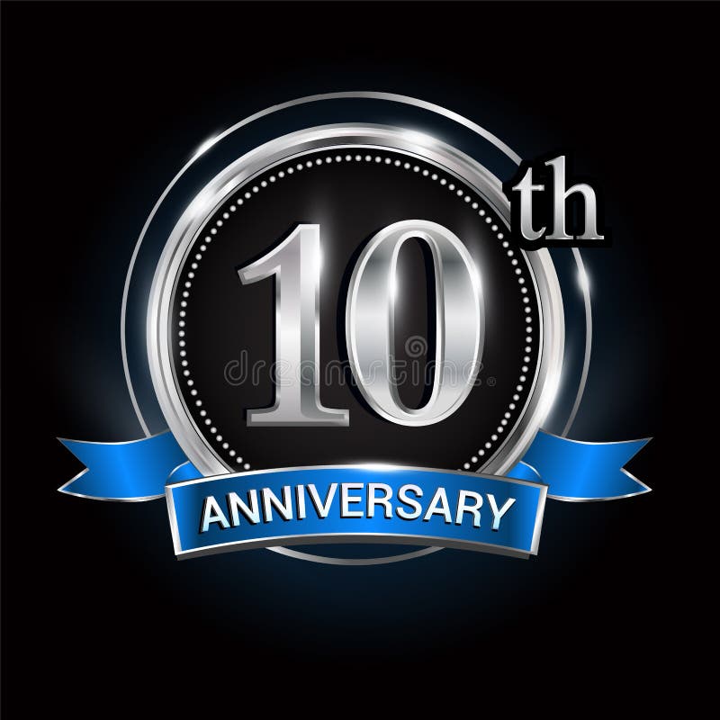 10th Anniversary Logo with Blue Ribbon and Silver Ring, Vector Template ...