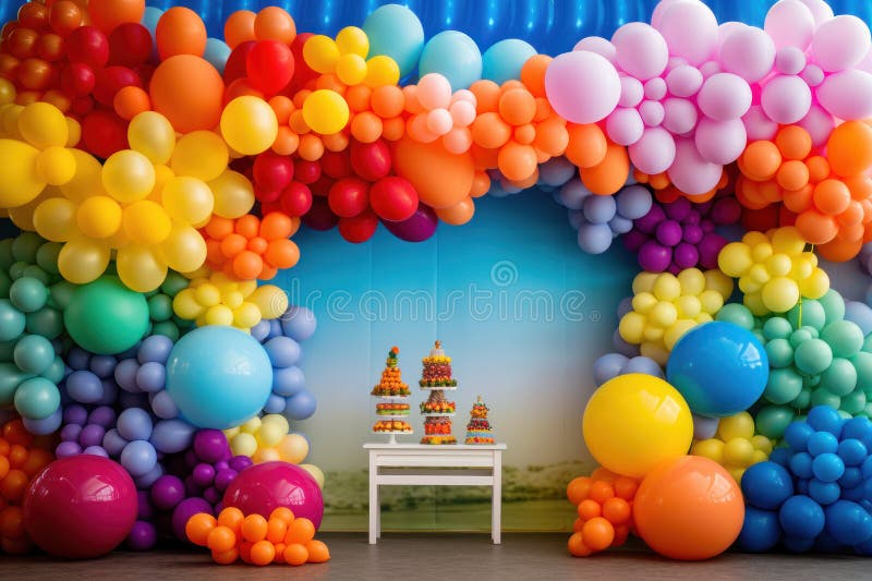 Celebration Backdrop with Rainbow Arche from Colorfull Balloons Stock ...