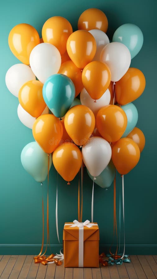 Celebration Balloons and Gift on Teal Background Stock Illustration ...