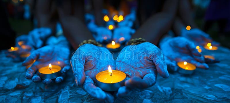 Celebration of Blue Light a Up Close View of the Candlelit Hands in ...