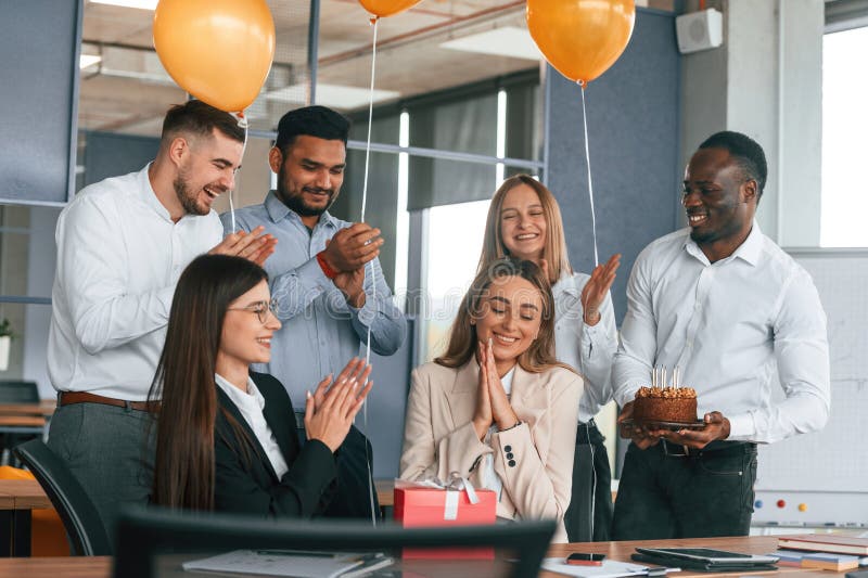 Celebration with Cake, Balloons and Gift Box. Employee Having a ...