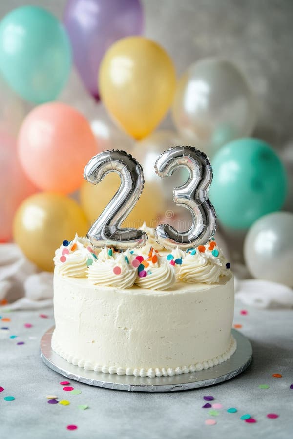 Celebration Cake with Balloons for 23rd Birthday Party Stock ...