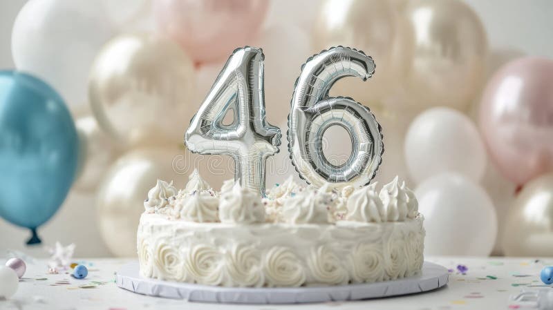 Celebration Cake with Number 46 Balloons for Birthday Stock ...