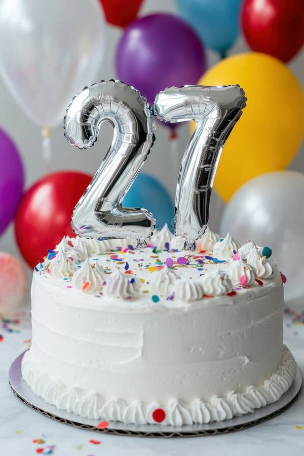 Celebration Cake with Silver Balloons for 27th Birthday Party Stock ...