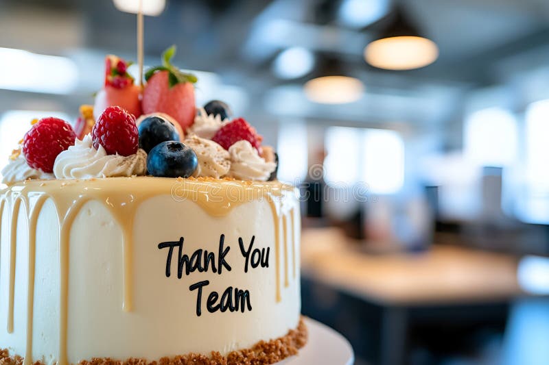 Celebration Cake for Team Appreciation in Office Setting Stock ...