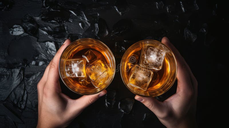 Celebration with Cheers Two Hands Clinking Glasses of Whiskey in ...