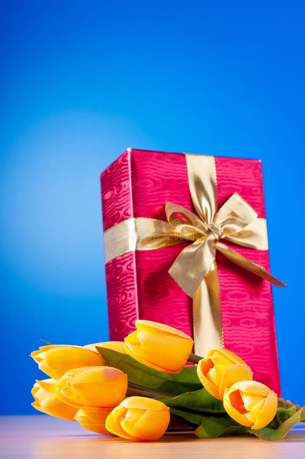 Celebration Concept - Gift Box and Tulips Stock Photo - Image of event ...