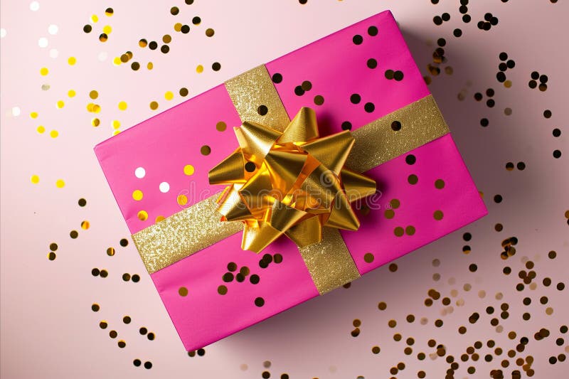 Celebration Concept with a Pink and Gold Gift Against a Polka Dot ...