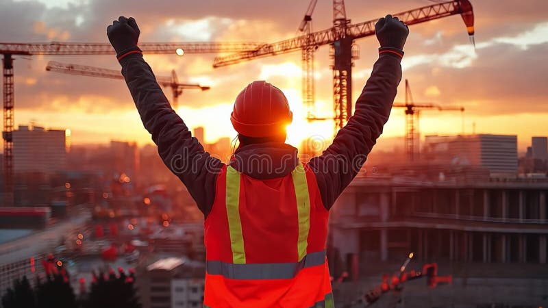 Celebration of Construction Worker at Sunset, with Cranes Framing ...